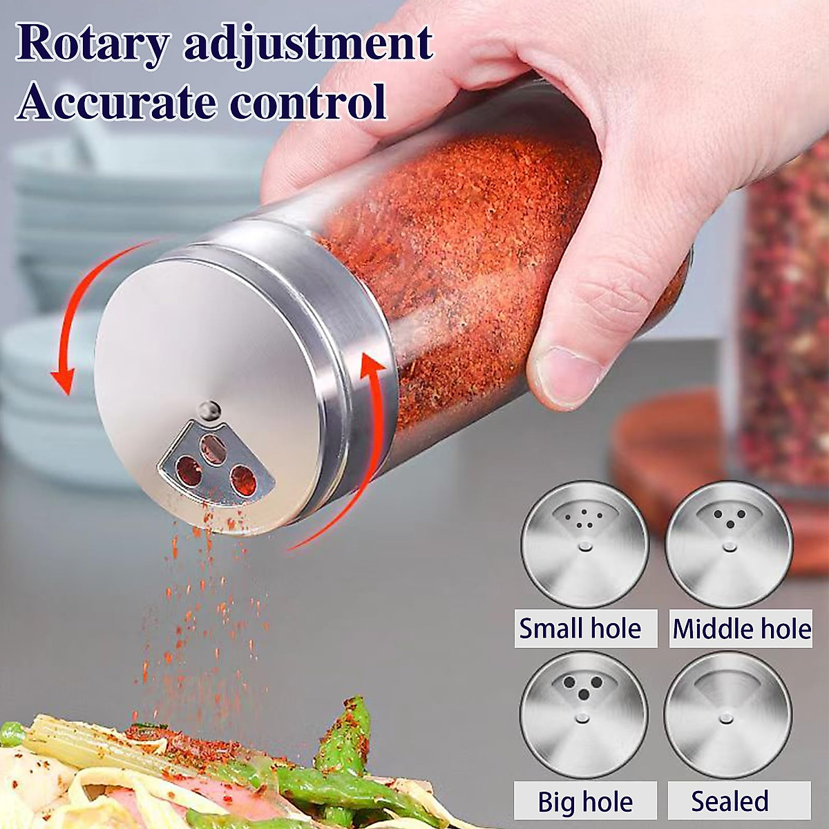 4pcs Salt and Pepper Shakers Set, Salt Shaker and Pepper Shaker with Adjustable Pour Holes, Pepper and Salt Container with Stainless Steel Lid,Glass Salt and Pepper Shakers,Spice Shaker for Kitchen