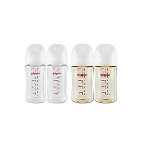 Pigeon Nursing Baby Bottle Wide Neck(Pack of 4, 2 Glass Bottles & 2 PPSU Bottles), Streamlined Body, Natural Feel, Easy to Clean, Heat-Resistant, 8.1Oz