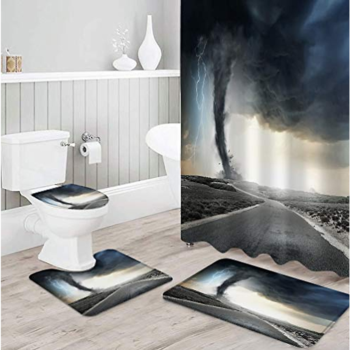 4 Pcs Shower Curtain Sets Tornado and Lightning Waterproof Fabic Bathroom Set with Non-Slip Rugs Toilet Lid Cover Bath Mat, Rolling On The Road Shower Curtain with Hooks -36x72 inch, Large