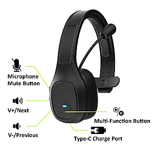 Yezonic Trucker Bluetooth Headset with Noise Canceling Microphone for Cell Phone, Wireless Headset V5.0 with Mic Mute for Call Center Office PC Teams Skype Softphones Telephone Conference Call