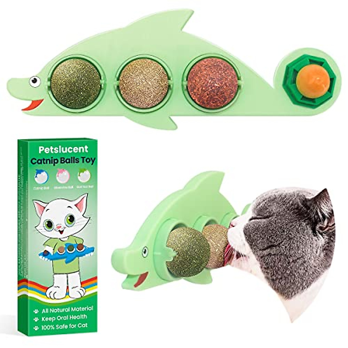 Petslucent Cat Catnip Wall Ball Toys 4in1 Cats Nip Toy Organic Silvervine Lick Roller Crack Treats Mint Licker Edible Spinner Rolling Magic Balls Rotatable Rollerball for Cat Indoor