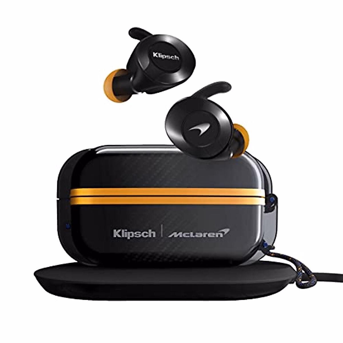 Klipsch T5 II True Wireless Sport Earphones McLaren Edition with Dust/Waterproof Case & Earbuds, Best Fitting Ear Tips, Ear Wings, 32 Hours of Battery Life, & Wireless Charging Case