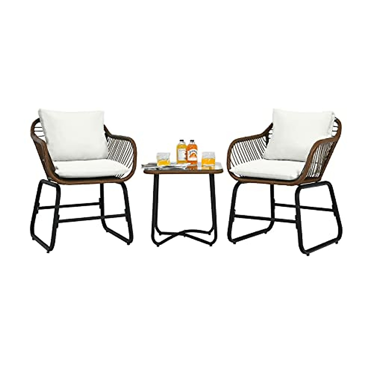 OBIOZZ Patio Furniture Set 3PCS Patio Rattan Bistro Set Cushioned Chair Glass Table Deck White Patio Set, Ideal for Your Backyard, Balcony, Garden for Backyard Porch