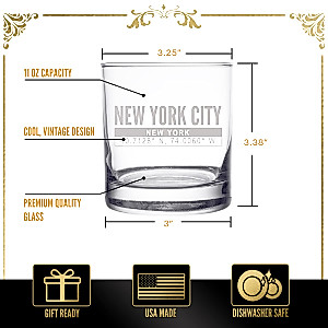 New York City Coordinate Whiskey Glass 11oz- Cool NYC Souvenir or gift for NY fan. Old Fashioned, Rocks Glass. I Love New York Souvenirs- Dishwasher Safe, Non-Toxic, Organic Ink Printed in USA