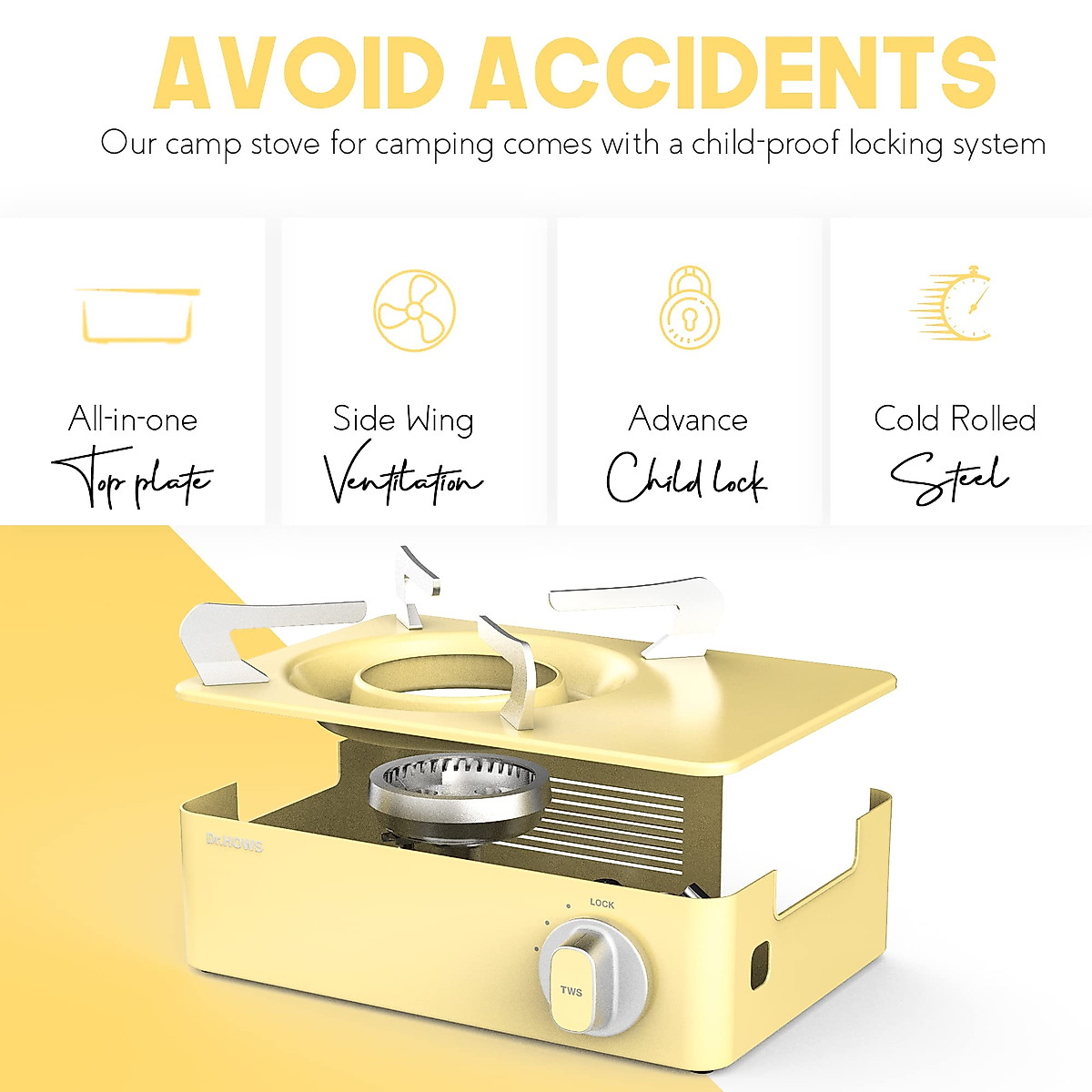 Dr.HOWS Twinkle Mini Camping Stove Burner - Portable Butane Stove for Camping, Picnic, Outdoor - Single Burner Camp Stove with Carrying Case - Lemon