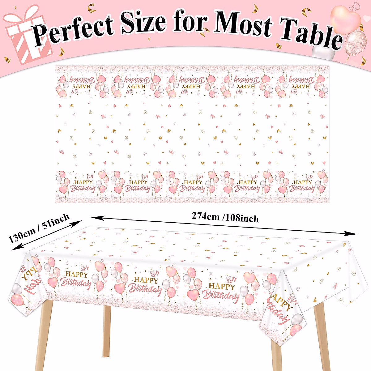 3 Pieces Pink Rose Gold Tablecloth for Rose Gold Birthday Decoration Plastic Disposable Party Table Covers for Rectangle Tables Girl Women Parties Happy Birthday Wedding Party Favors, 54 x 108 Inches