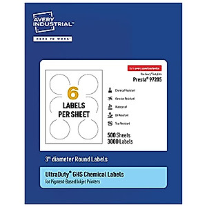 Avery UltraDuty GHS Labels, Waterproof, 3 Inch Round Labels, Pack of 3000 White Labels for Use with Pigment Inkjet Printers