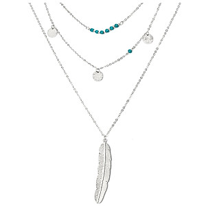 Suyi Exquisite Sequins Multilayer Chain Turquoise Beads Necklace with Feather Pendent Silver