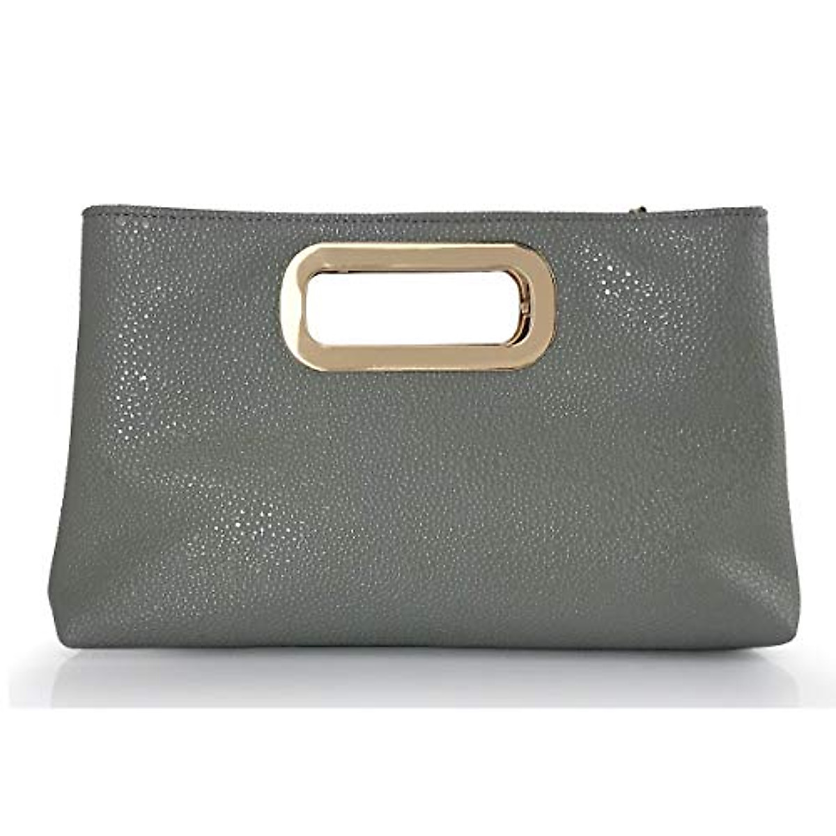 Women Glossy Patent Leather Clutch Cut Out Metal Handle Chain Shoulder Handbag (Grey)