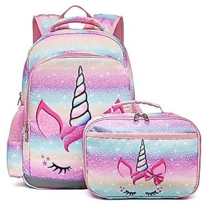 JIANYA Kids Backpack for School Girls Backpack Lunch Box Set Unicorn Preschool Kindergarten Bookbag with Chest Strap