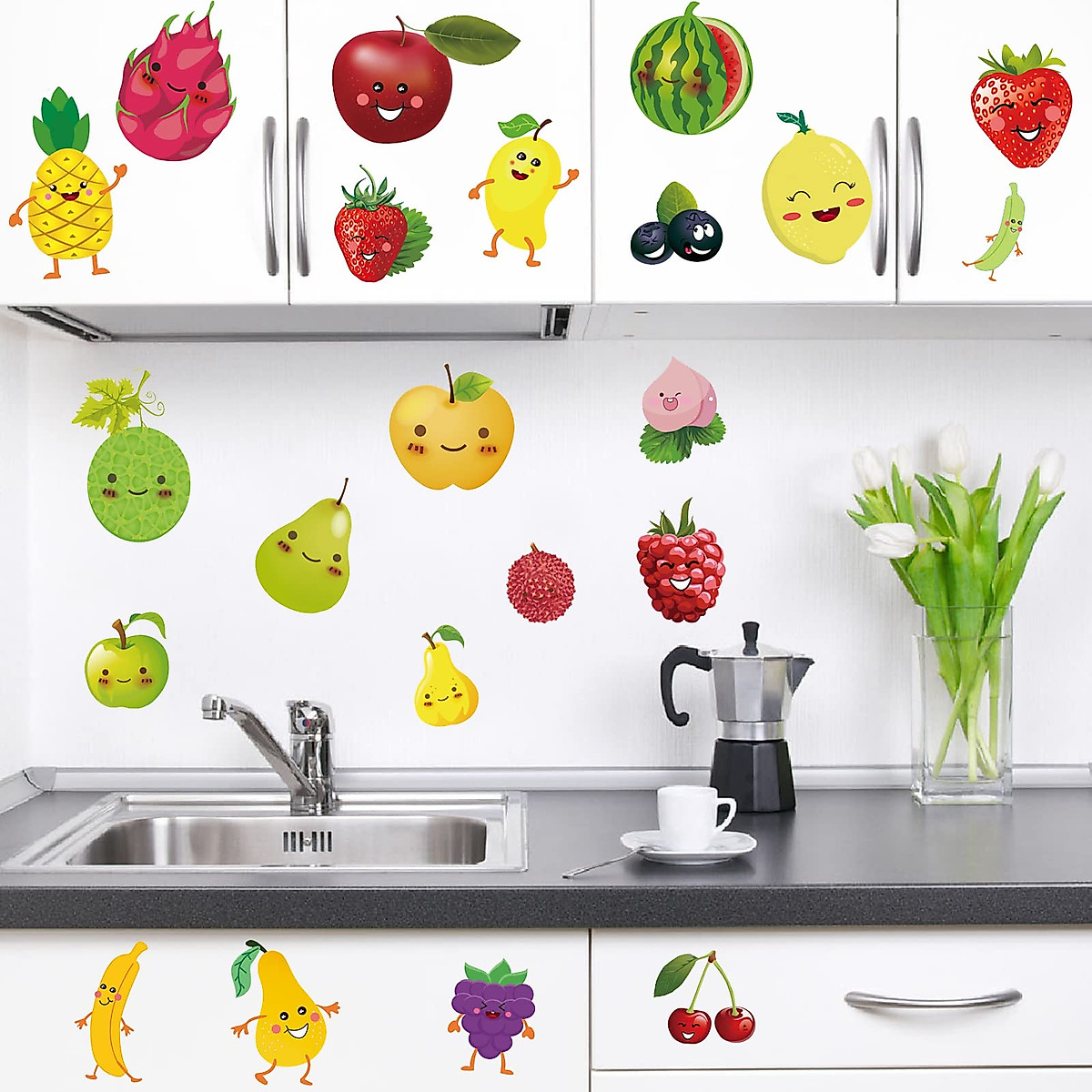 Cartoon Fruit Wall Sticker DIY Kitchen Green Fruit Apple Watermelon Pear Banana Sticker Decorative Peel and Stick Glass Door Refrigerator Door Window Restaurant Wall Sticker