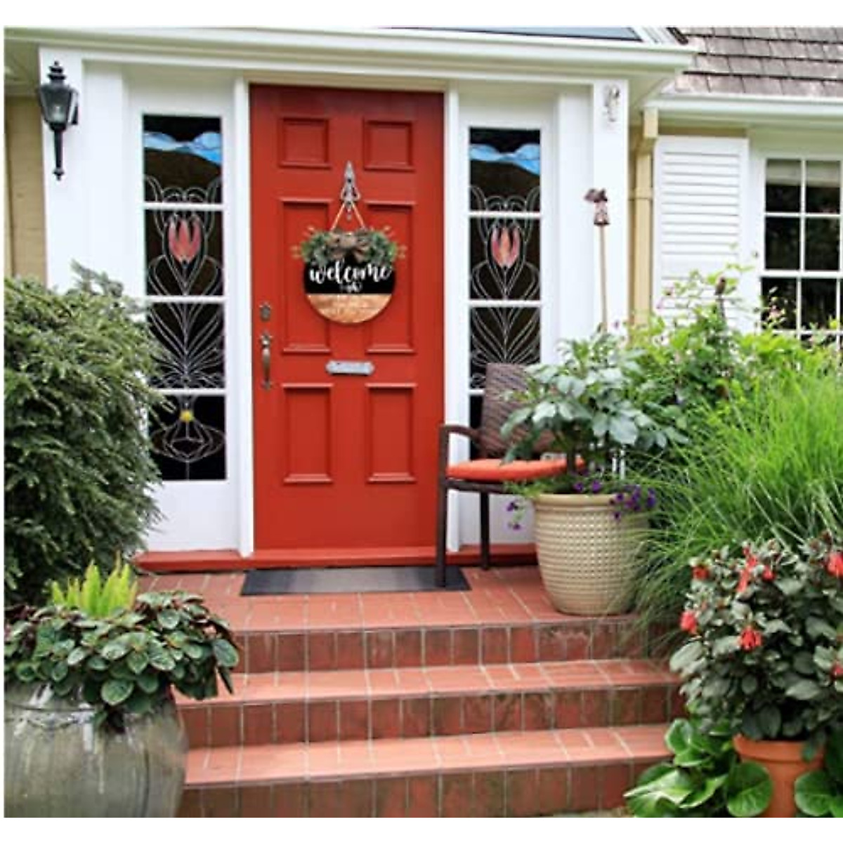 Welcome Sign for Front Door Home Decor Gifts, Round Wreath Wall Hanging Outdoor Porch Farmhouse, for All Seasons Valentines Day Christmas (C-dark brown)