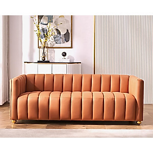 Container Furniture Glam Fabric Upholstered Solid Wood Frame 82.7" Art Deco Sofa for Living Room, Office, Sophisticated 3 Seater Couch, Orange