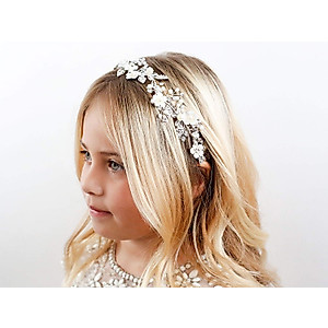 SWEETV Flower Girl Headpiece Ivory Tulle Flowers Wedding Headband for Girls, Princess Pearl Hair Accessories for Birthday Party, First Communion