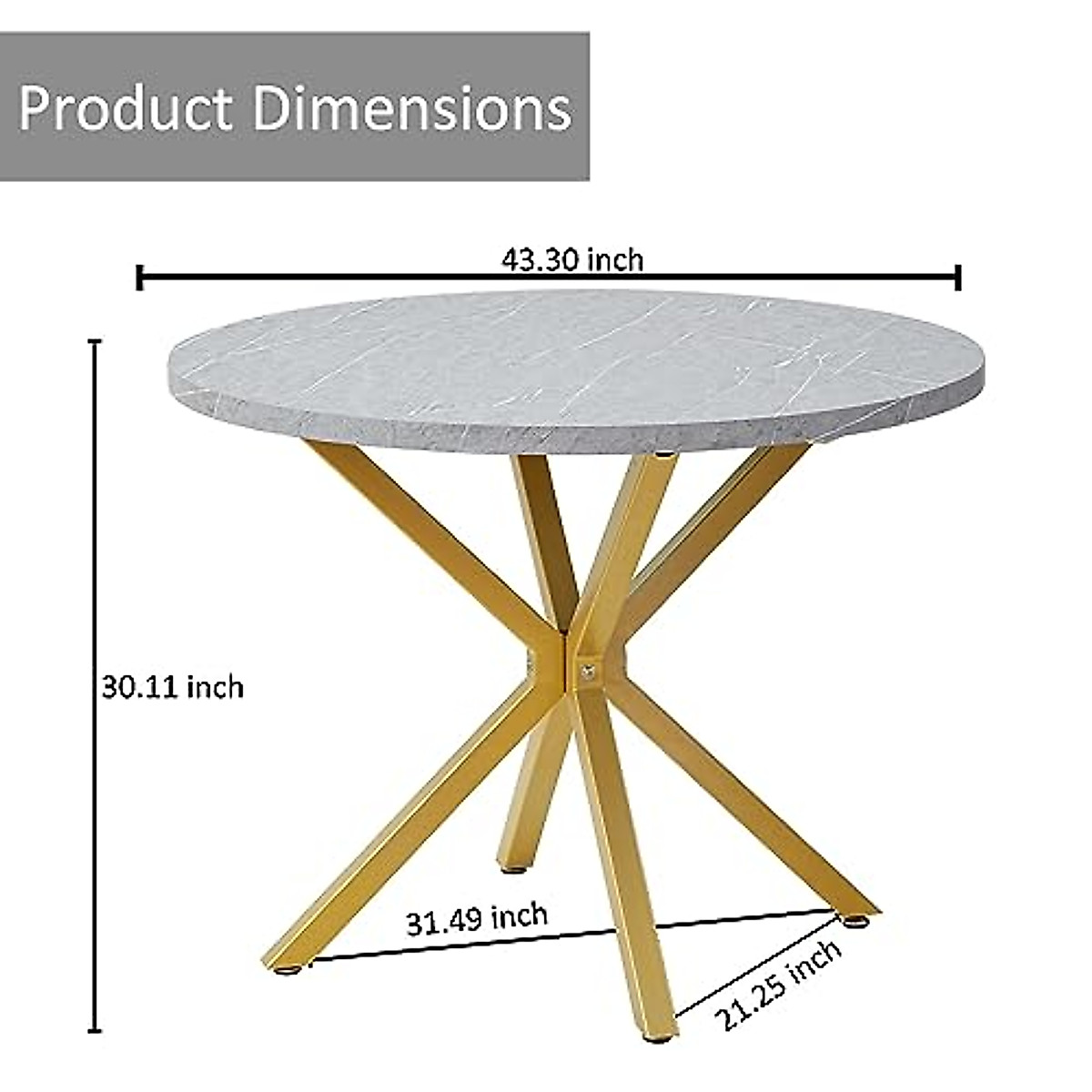 Round Dining Table, Modern Marble Kitchen Dining Table with Four Metal Legs, Marble Top Dining Table for Indoor Use Side Table for Kitchen Restaurant Living Room Casual Cafe（Grey）