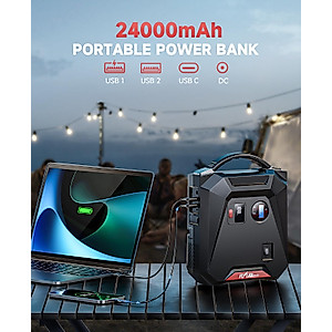 Car Jump Starter with Air Compressor, 2500A Peak 24000mAh Portable Jump Starter Car Battery Charger Moto Battery Booster Power Pack (All Gas or 8.0L Diesel) Emergency Auto Battery Booster Pack