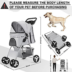 Wedyvko Pet Dog Stroller, 4 Wheel Foldable Cat Dog Stroller with Storage Basket, Handle 360° Front Wheel Rear Wheel with Brake for Small Medium Dogs & Cats (Gray)