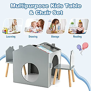 INFANS Kids Table and Chair Set, Wood Multi Activity Table with Blackboard for Toddler Playing Drawing Reading Arts Crafts, 3 Piece Children Furniture for Playroom Home School Classroom