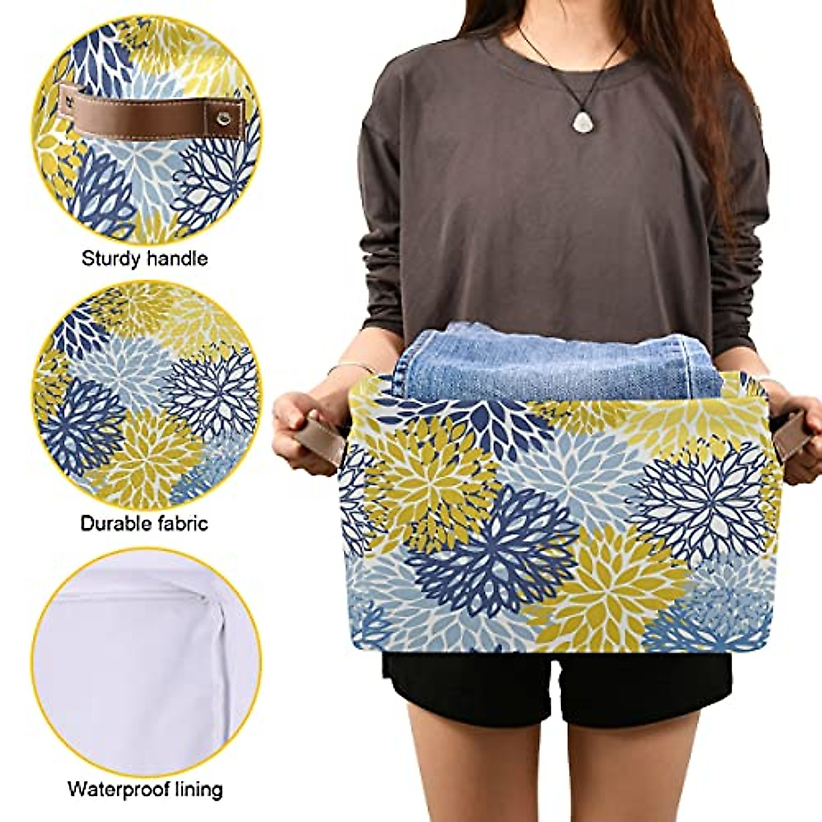 Blue Floral Navy Chrysanthemums Storage Basket Bin Blue Yellow Flower Large Fabric Toys Storage Cube Box with Handles Collapsible Closet Shelf Cloth Organizer Basket Set of 2 for Nursery Bedroom