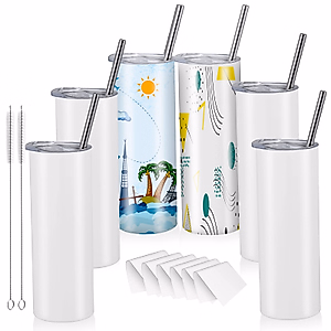 6 Pack Sublimation Tumbler - 20 oz Tumbler with Lid and Straw Insulated Tumbler Skinny Double Wall Tumbler Cups Travel Coffee Mug Stainless Steel Vacuum Mug with Metal Straw,Leak-Proof Lid,Shrink Wrap