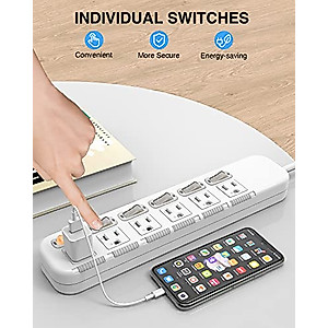KRR Power Strip Independent Switches, Extension Cord 6 feet, 6 Outlets, 300J Surge Protector