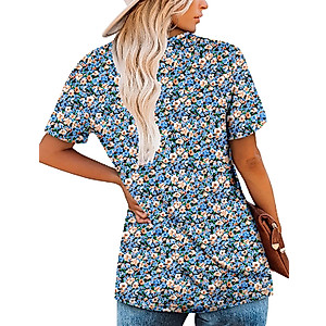 ROSELINLIN Womens Tops Blue Short Sleeve Summer Shirts V Neck Floral Pull Over Ladies Tops XL
