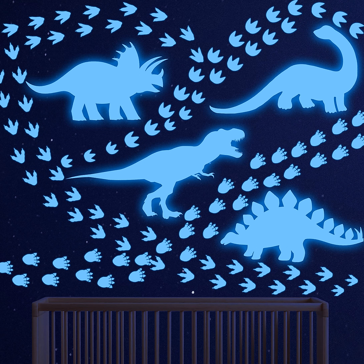 Dinosaur Wall Decals Stickers Glow in The Dark Dino Wall Decal Large Removable Vinyl Dinosaur Feet Wall Sticker for Boys Girls Kids Bedroom Playroom Nursery Wall Decor (Blue)