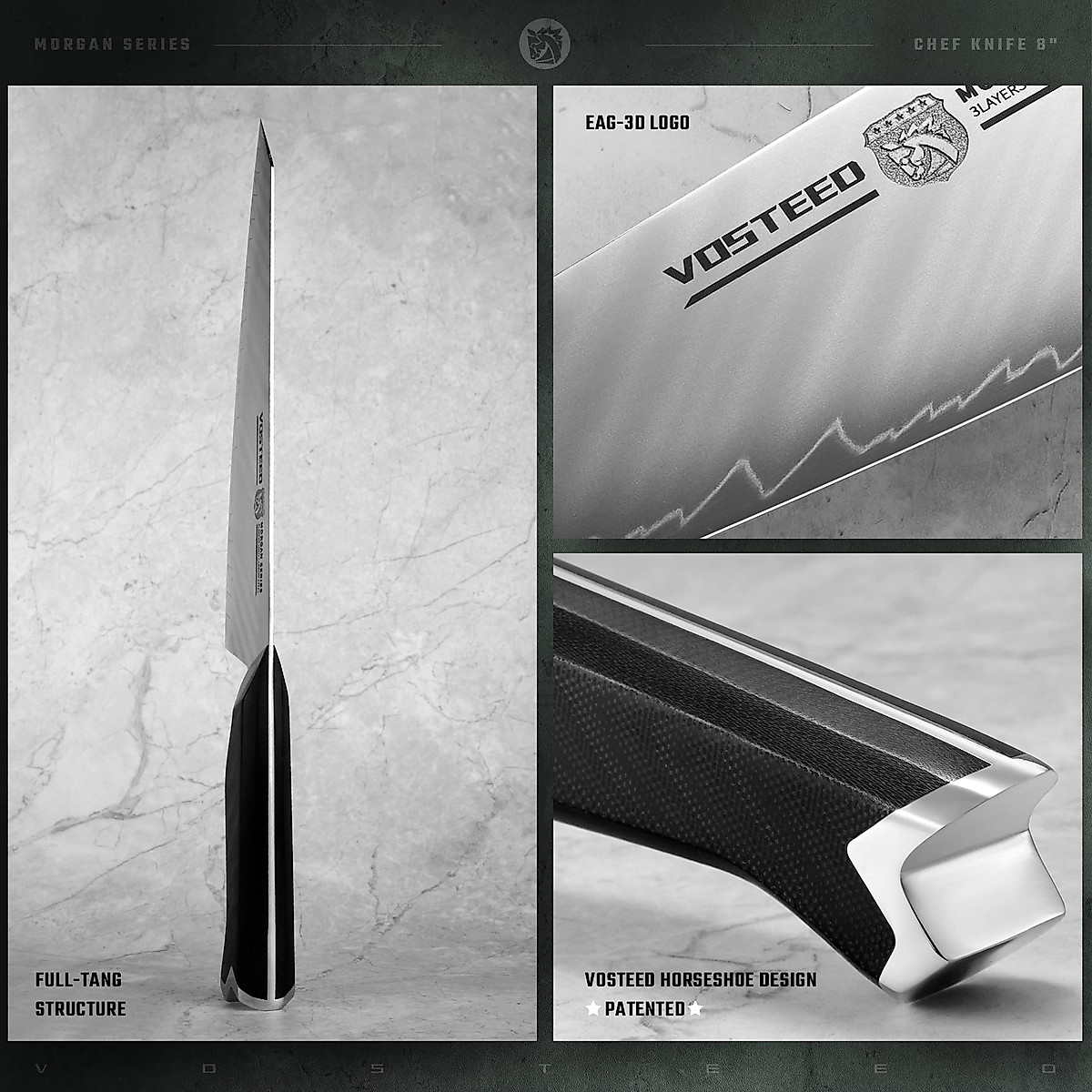 Vosteed 8 Inch Chef Knife Professional Cooking Knife For Kitchen Razor Sharp Kitchen Knife With Sheath-9CR18MOV High Carbon Stainless Steel Knife With G10 Handle, Gift Box - Morgan Series