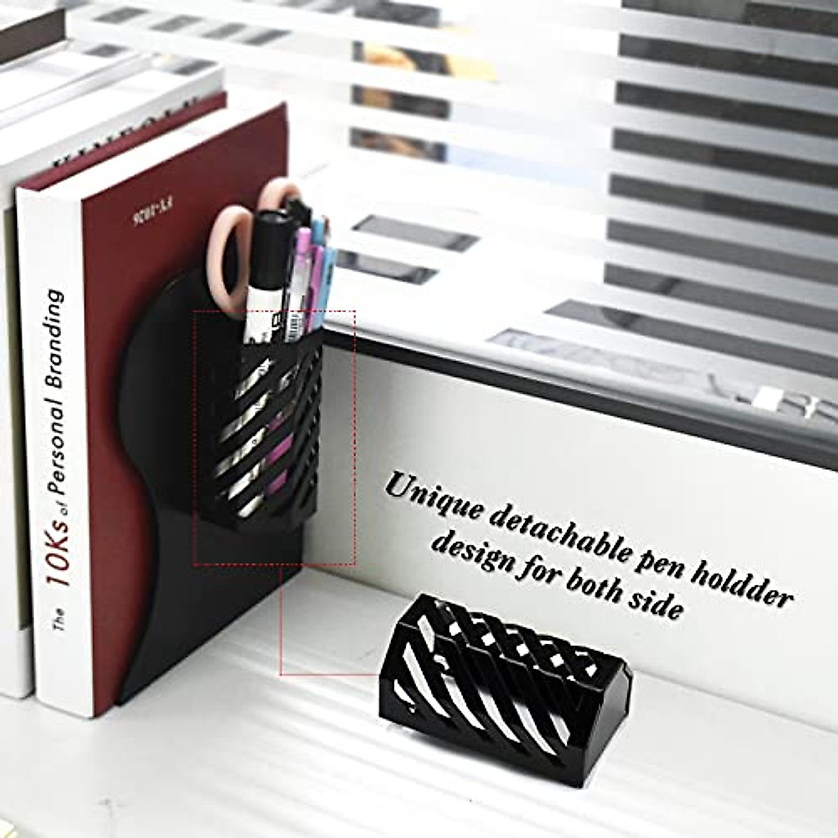 Adromy Adjustable Bookends, Book Holder, Metal Desktop Organizer Storage Rack Expandable Display Bookshelf with Pen Holder for Kid Child Student Home School Office Library - Black