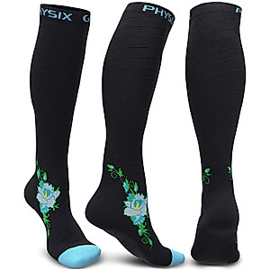 Physix Gear Compression Socks 20-30 mmHg - Men & Women - Running, Nurses, Shin Splints, Flight, Travel (BLACK / BLUE FLOWER-S/M)