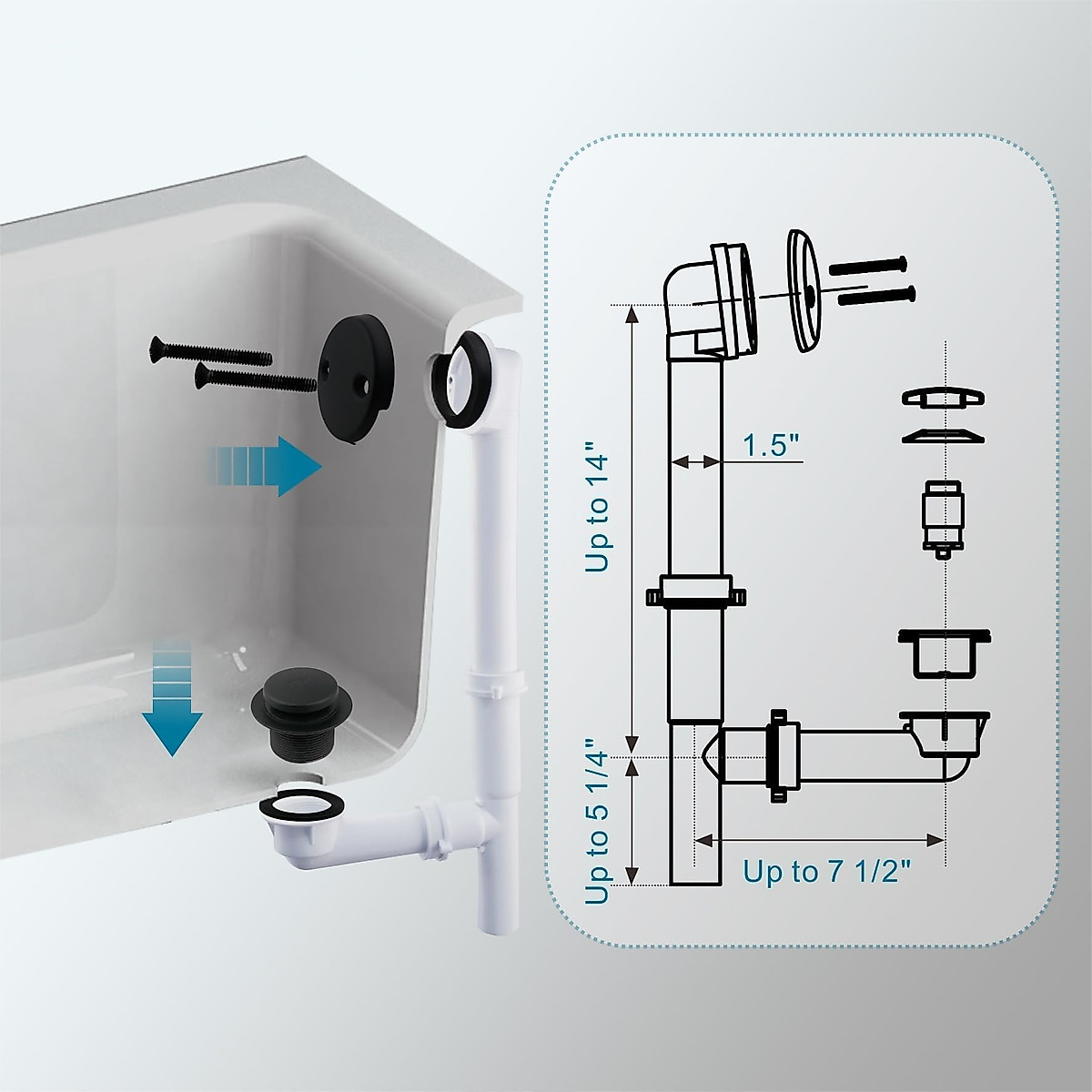 Black Tubular Tub Drain Kit with Welsan Tip-Toe Bathtub Drain Stopper, Touch-Toe Bath Plug Waste and Overflow Face Plate, 1-1/2" PVC Plastic Pipe (Matte Black)