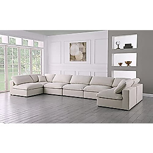 Meridian Furniture Plush Collection Contemporary Down Filled Cloud-Like Comfort Overstuffed Velvet Upholstered Modular U-Shaped Sectional, 7-Seater, Armless, Cream