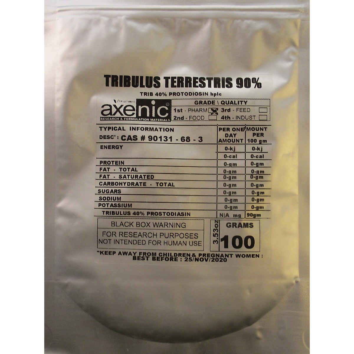 AXENIC 100 Grams TRIBULUS TERRESTRIS 90% Saponin, 50% protodiosin HPLC