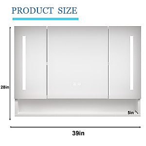 39x28 in Bathroom Mirror Cabinet, Bathroom Storage Cabinet with Adjustable LED Lights, Mirror with Storage, Wall-Mounted Medicine Cabinet with Defogging Mirror, Towel Rail & Multiple Shelves (39x28)