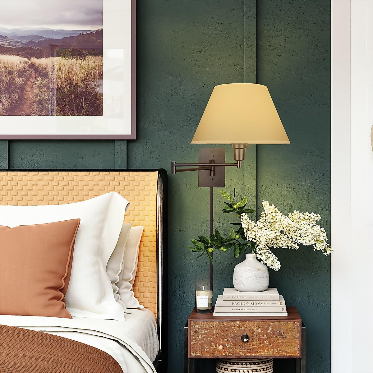 Kira Home Cambridge 15" Swing Arm Wall Lamp - Plug in/Wall Mount, Opaque Paper Shade, 150W 3-Way + Cord Covers, Black Finish