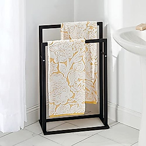 mDesign Metal Tall 2-Tier Free-Standing Towel Rack Holder for Bathroom Storage and Organization, Floor Stand Holds Bath, Hand Towels; Great for Guest, Half, Kids' Bathrooms - Matte Black