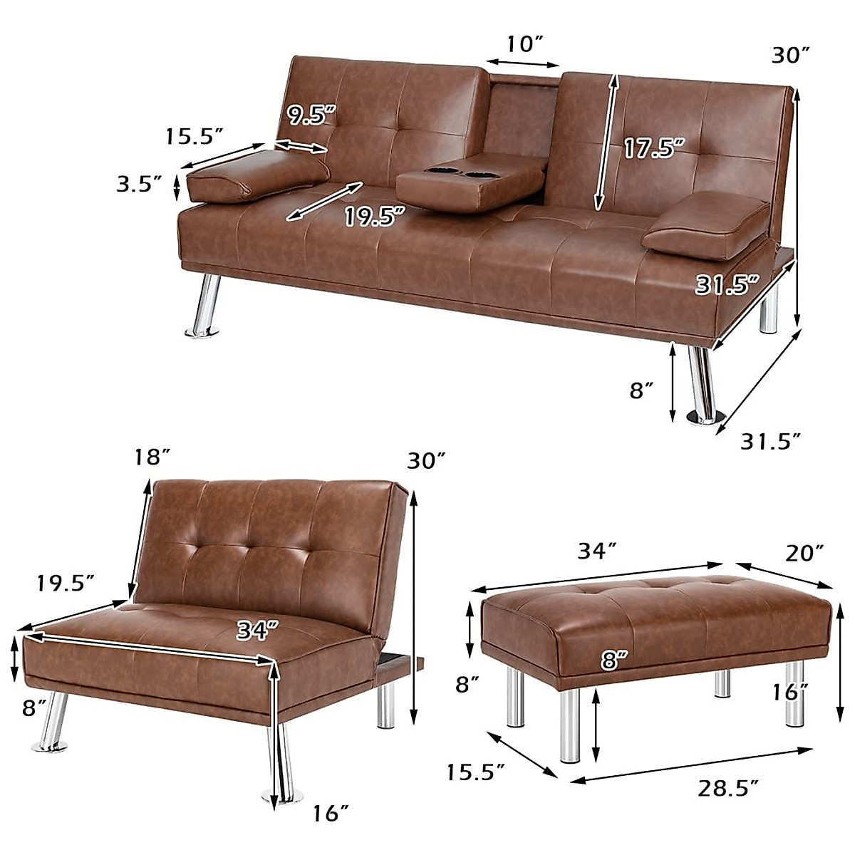 FANCUF 3-Piece Sectional Sofa Set Convertible Futon W/Single Sofa&Ottoman