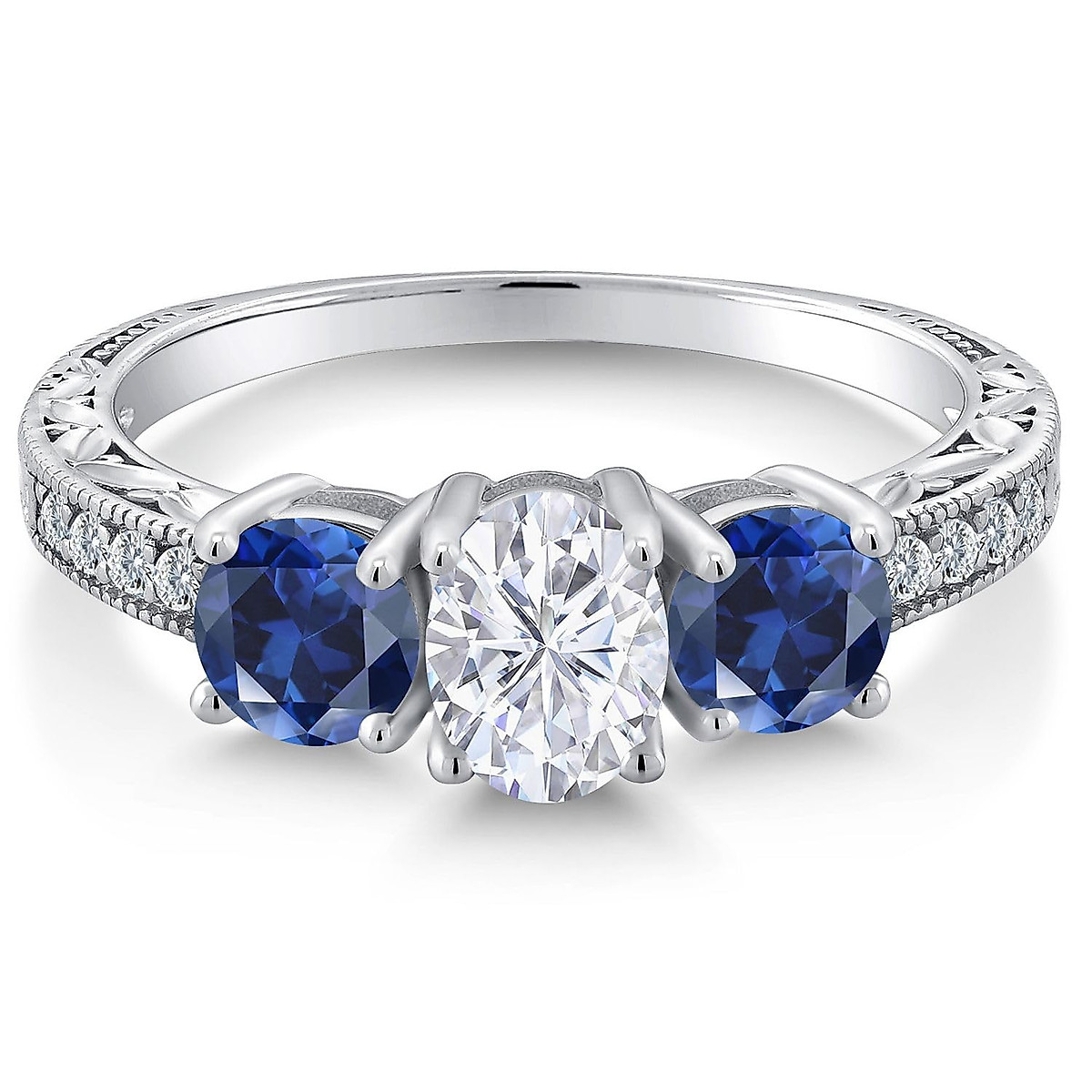 925 Sterling Silver 3-Stone Ring Set with Forever Brilliant (GHI) Oval Moissanite from Charles & Colvard and Created Sapphire (2.22 Cttw) (Size 6)