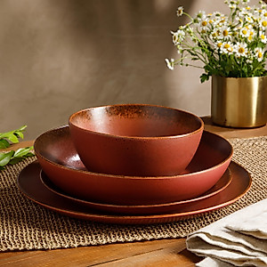 Bloomhouse - Oprah's Favorite Things - Palermo Sun Double Bowl Stoneware Reactive Glaze Plates and Bowls Dinnerware Set - Paprika Red, Service for Four (16pcs)