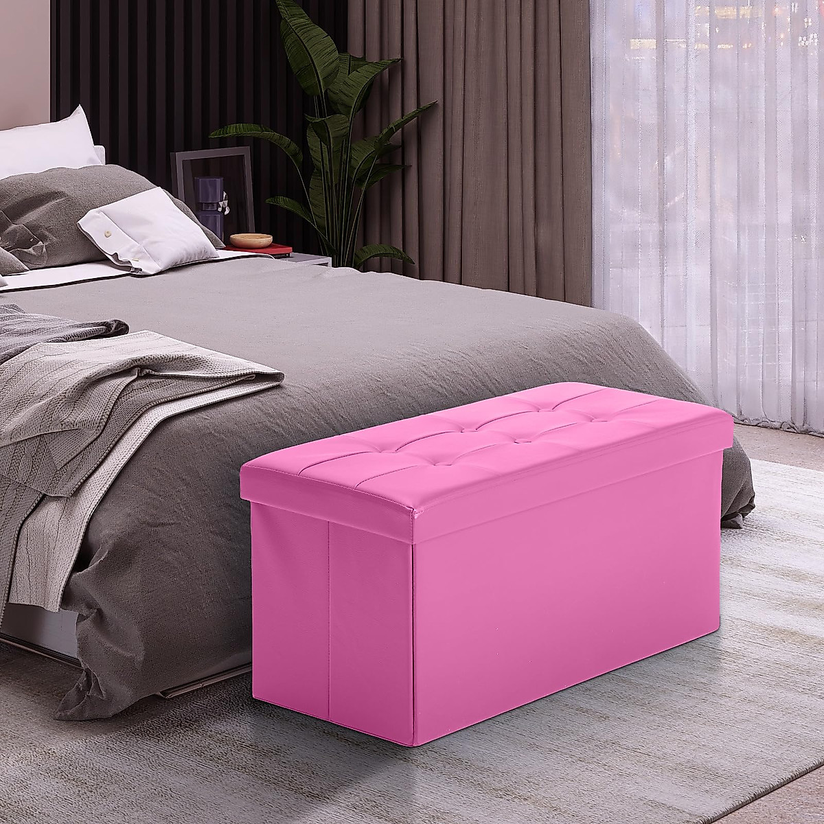 COSYLAND Ottoman Bench with Storage large - 30x15x15in folding Leather Ottoman, Rectangle Foot Stool Foldable Storage Chest Ottoman Footrest Footstool Collapsible with Lid for Bedroom Living Room Pink