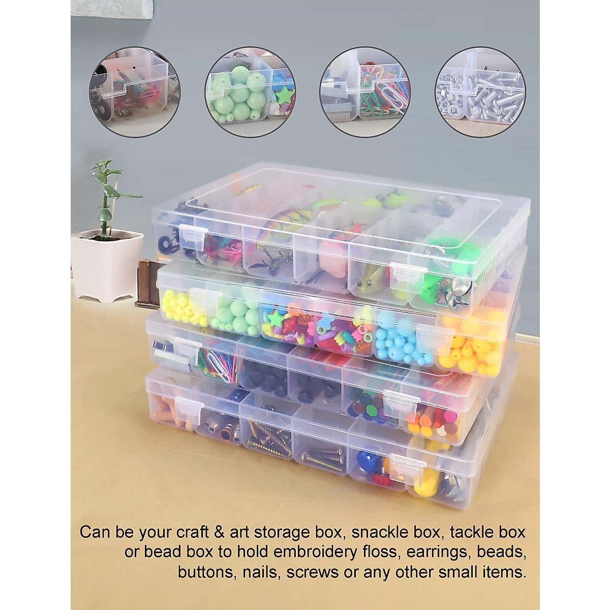 Hlotmeky Bead Organizer 36 Grids 4 Pack Clear Plastic Parts Organizer Box 3600 Tackle Box Craft Storage Compartment Divided Container