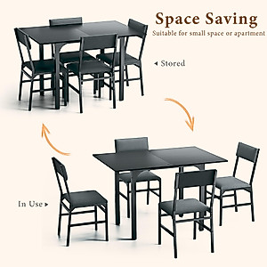 HUAHUU Dining Table Set for 4, Extendable Kitchen Table Cushion Chairs Set of 4, Rectangle Dining Table with Metal Frame & MDF Board, Folding for Small Apartment Saving Space, Black