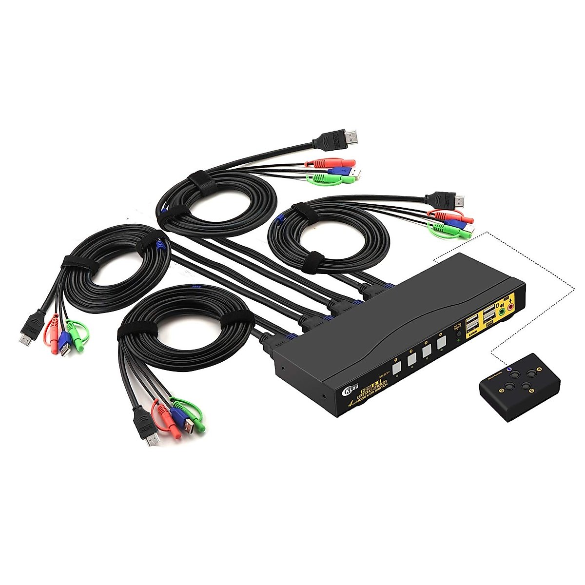 CKLau 4 Port KVM HDMI Switch with Audio, Microphone, 2 USB 2.0 Hub and Cables Support Wireles Keyboard Mouse Resolution Up to 4Kx2K@60Hz 4:4:4