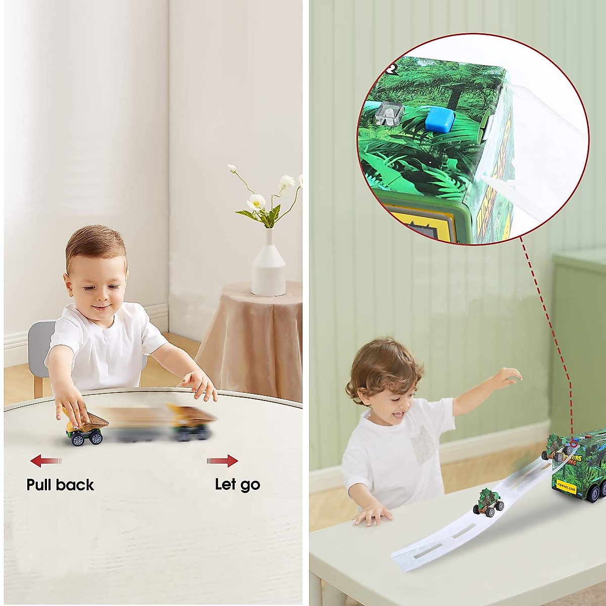 UOLIWO Dinosaur Truck Carrier for Boys and Girls, Car Transporter Toy with Light Sound Kids Dinosaur Toys Set with Pull Back Car Launcher Track Dinosaur Park Pretend Toy Baby Infant Toys Kids Gift