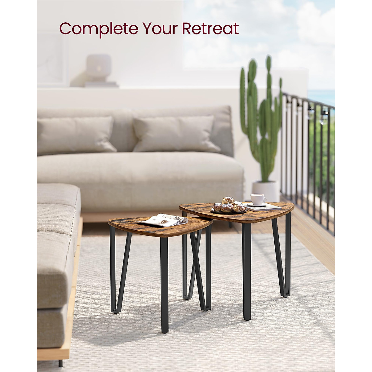 VASAGLE Nesting Coffee Tables, End Tables Set of 2 for Living Room Bedroom, Industrial Small Stacking Side Tables with Metal Frame for Couch, Rustic Brown and Black ULET013B01