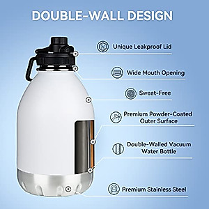 Kerilyn 87oz Vacuum Insulated Jug, 2/3 Gallon Stainless Steel Water Bottle with Straw, 2 Lids, Leak-Proof and Sweat-Proof, Double Walled, Keeps Drinks Hot&Cold for Hours, Great for Travel, White
