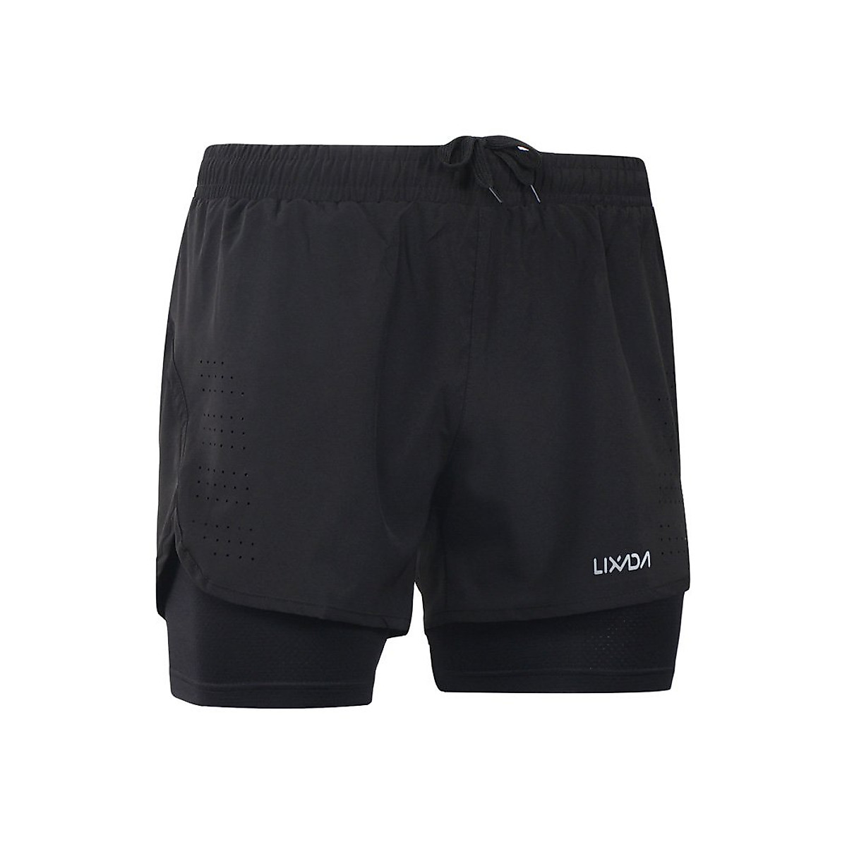 LIXADA Men's 2-in-1 Running Shorts Quick Drying Breathable Active Training Exercise Jogging Cycling Shorts (Black, L)