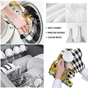 Chees D Zone Kitchen Towels Cotton Dish Towel,Farm Animals Cute Cow Country Yellow Sunflower Green Plants Soft Dishcloth Absorbent Tea Towel,Retro Black Plaid Reusable Washable Hand Towels 3 Pack