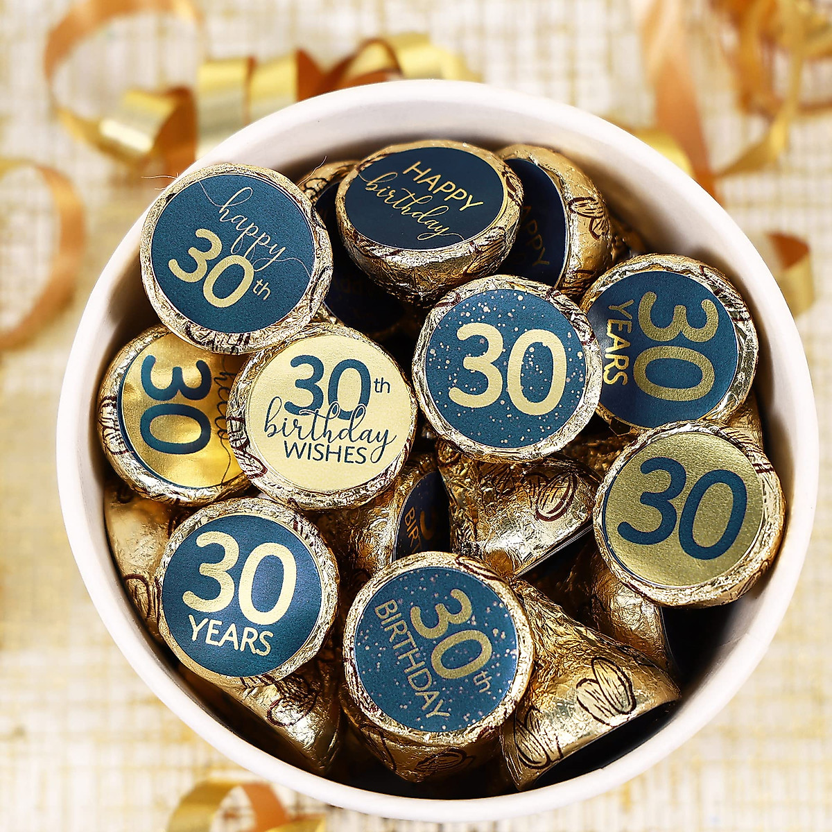 Navy Blue and Gold 30th Birthday Party Favor Chocolate Kisses Candy Stickers - 0.75 in. Round - 180 Labels