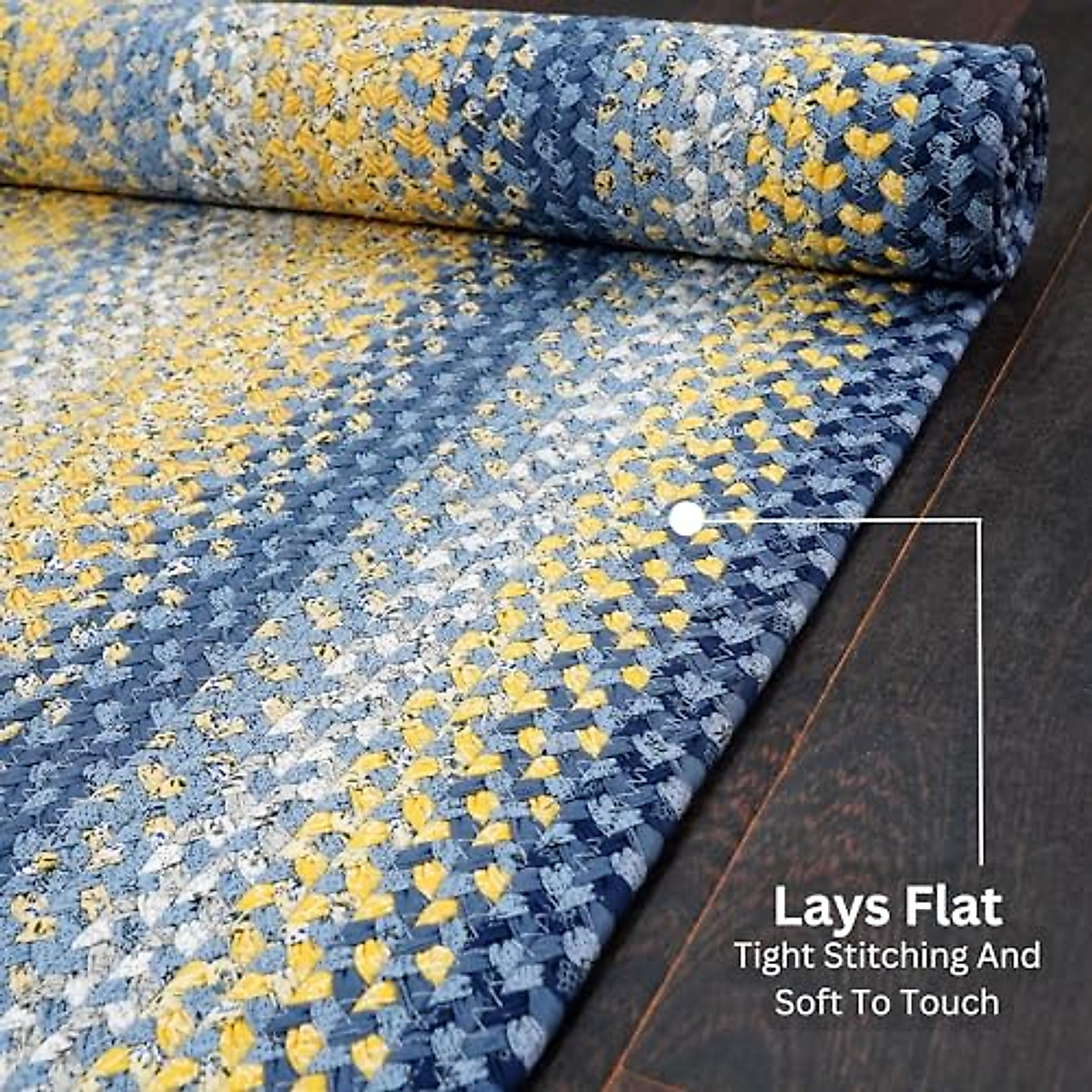 Homespice - Sunflowers Luxury Braided Rug, Perfect as Blue Yellow Bath Rug and Entryway Braided Rugs - Premium Printed Fabric, Soft, Reversible, and Flat - Oval Cotton Braided Rug, 27x45 Inches